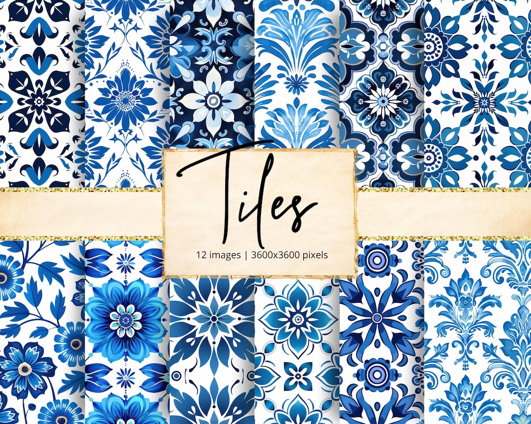 Blue Sicilian Tiles Digital Paper, Mediterranean Patterns, Italian Tile ...