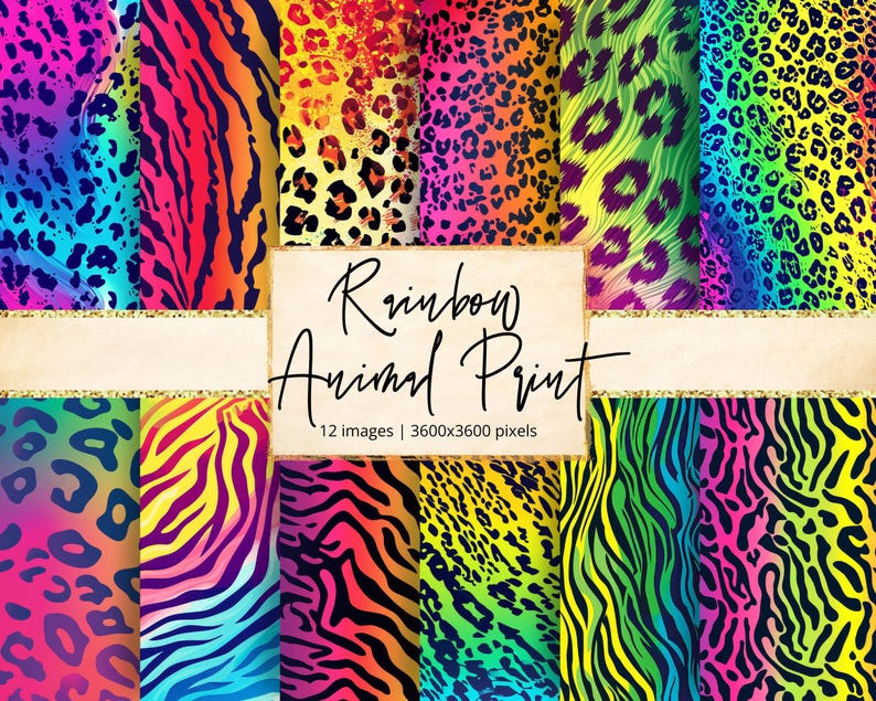 Rainbow Animal Print Digital Paper, Neon Animal Skin, Leopard Cheetah ...