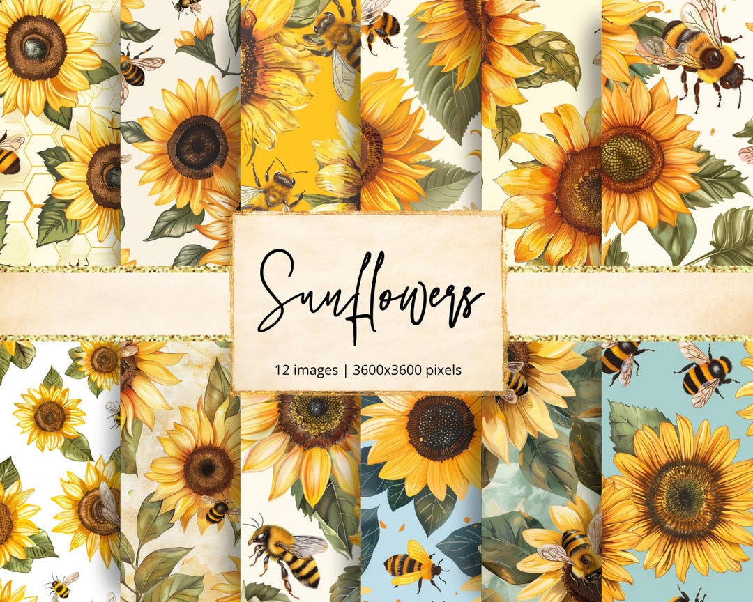 Sunflowers Digital Paper, Watercolor Sunflowers, Sunflower Bees, Yellow ...