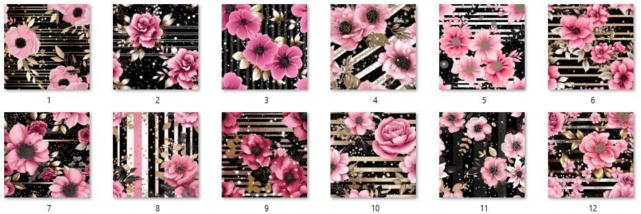 Pink and Black Flower Digital Paper, Shabby Chic, Vintage Flower, Gold ...