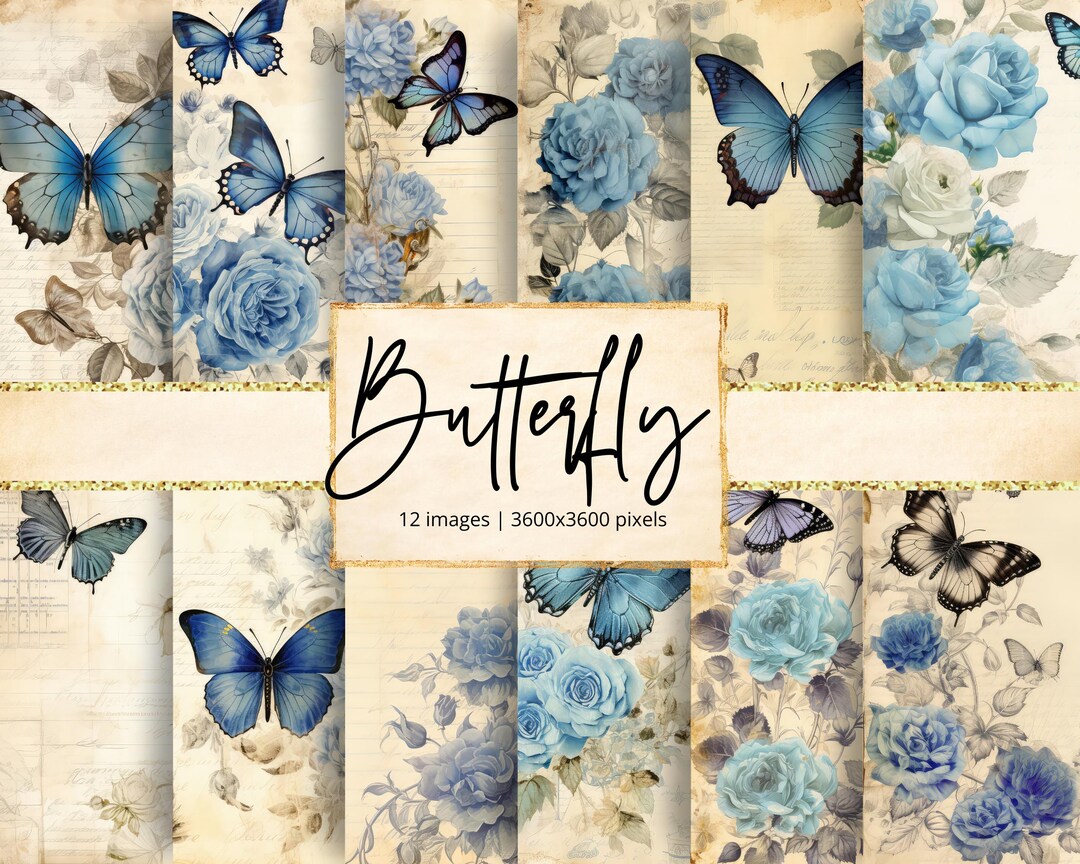 Blue Vintage Butterfly Digital Paper, Antique Butterflies, Rustic Wings ...