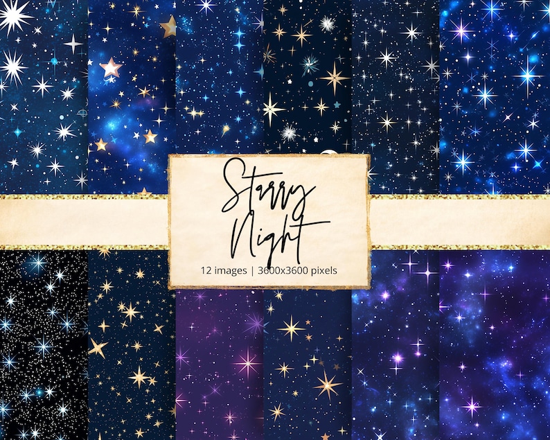 Starry Night Digital Paper, Stars, Galaxy, Sky, Astronomy, Celestial ...