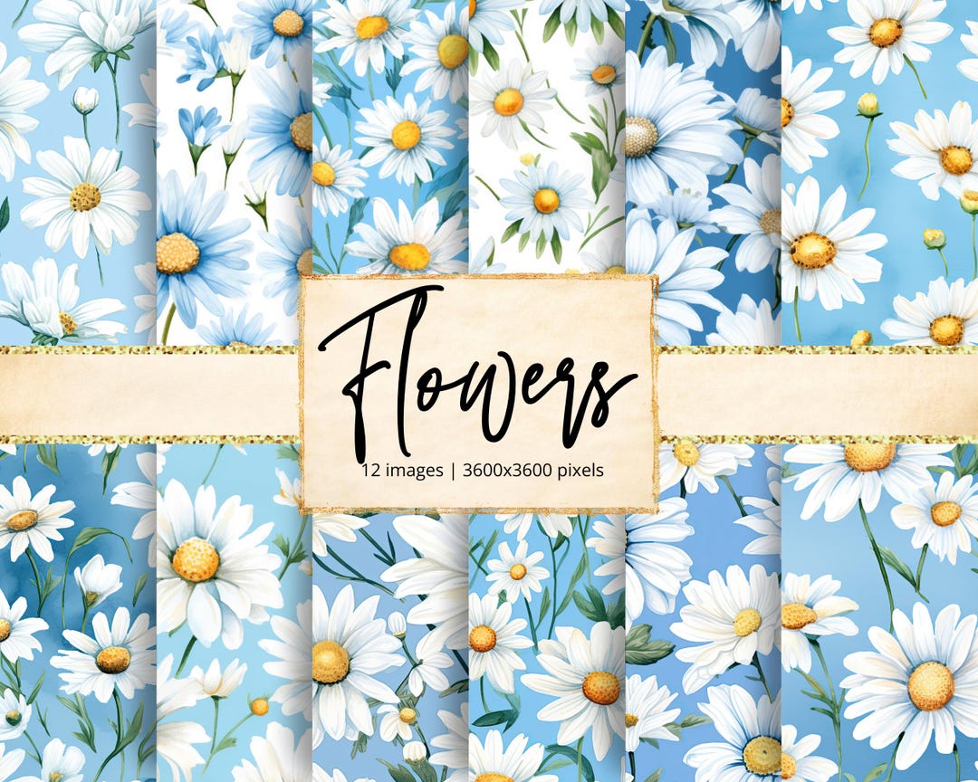 Daisy Blue Flowers Digital Paper, Spring Meadow, Floral, Botanical ...