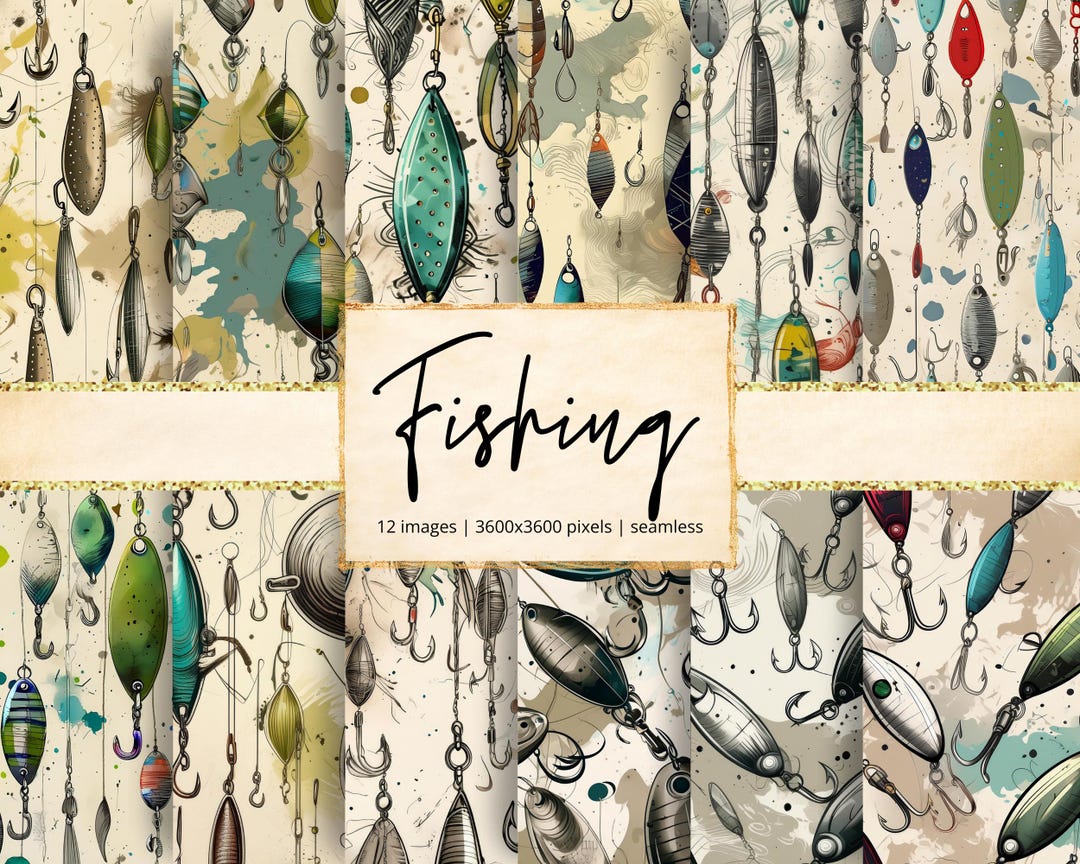 Fishing Vintage Digital Paper, Fish, Rod, Lure, Hook, Bait, Catch, Lake ...