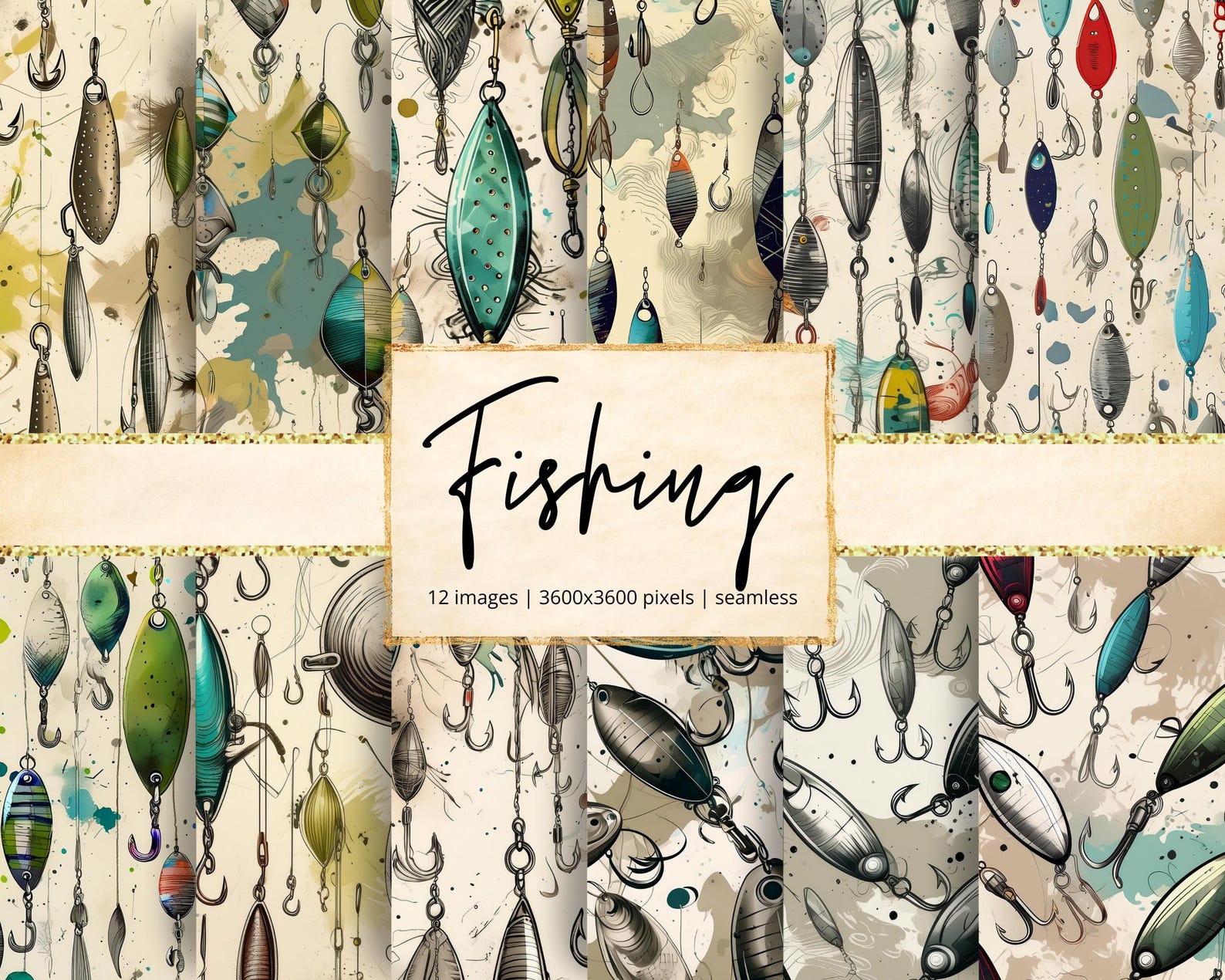 Fishing Vintage Digital Paper, Fish, Rod, Lure, Hook, Bait, Catch, Lake ...