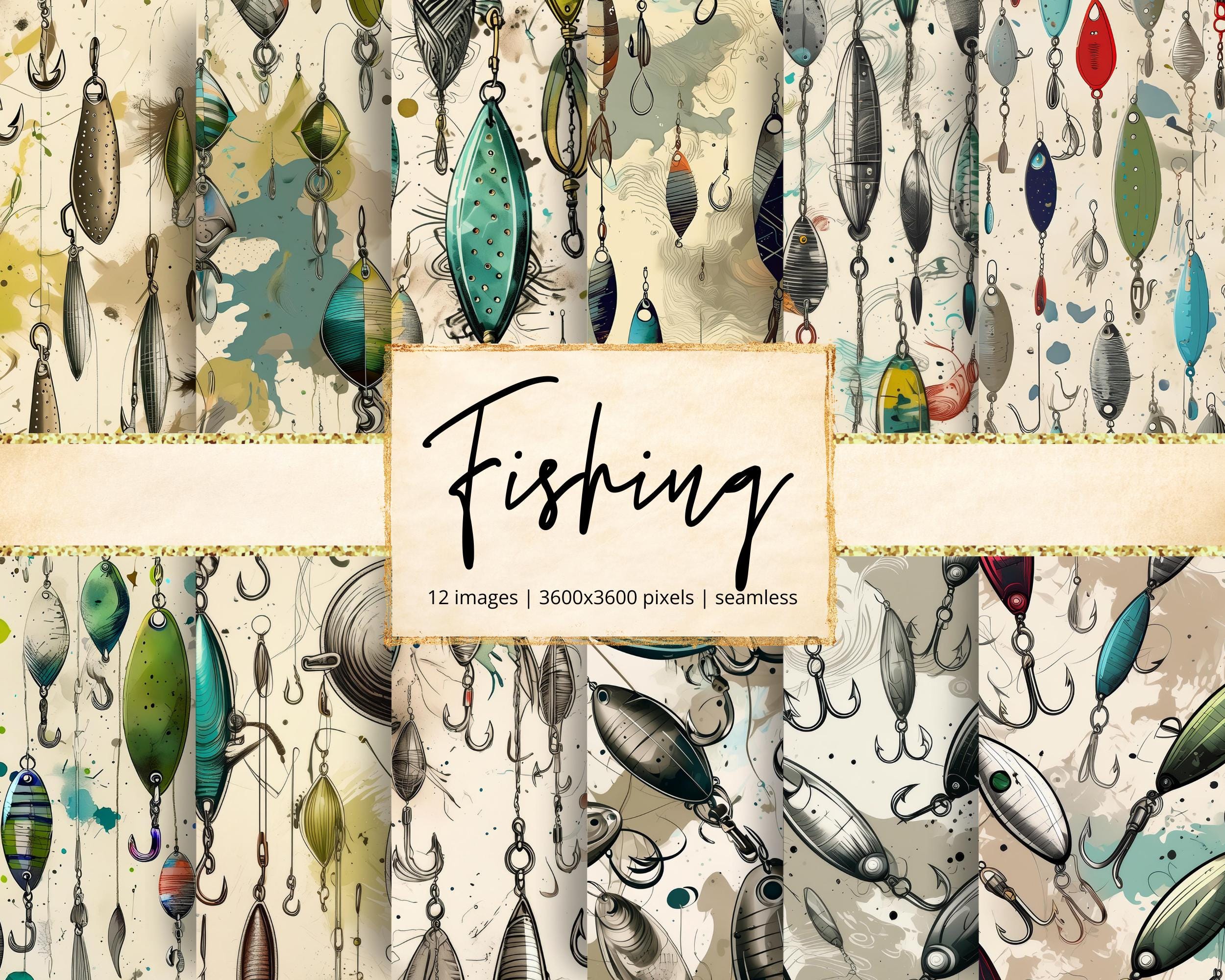 Fishing Vintage Digital Paper, Fish, Rod, Lure, Hook, Bait, Catch, Lake ...