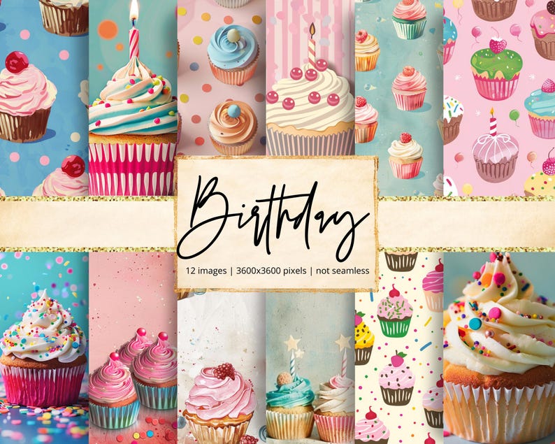 Birthday Digital Paper, Party, Celebration, Cupcakes, Candles, Wishes ...