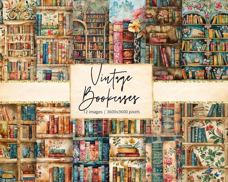 Vintage Bookcases Digital Paper, Library Junk, Vintage Books, Bookshelf ...