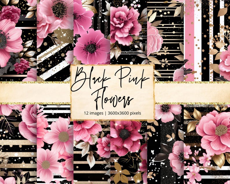 Pink and Black Flower Digital Paper, Shabby Chic, Vintage Flower, Gold ...