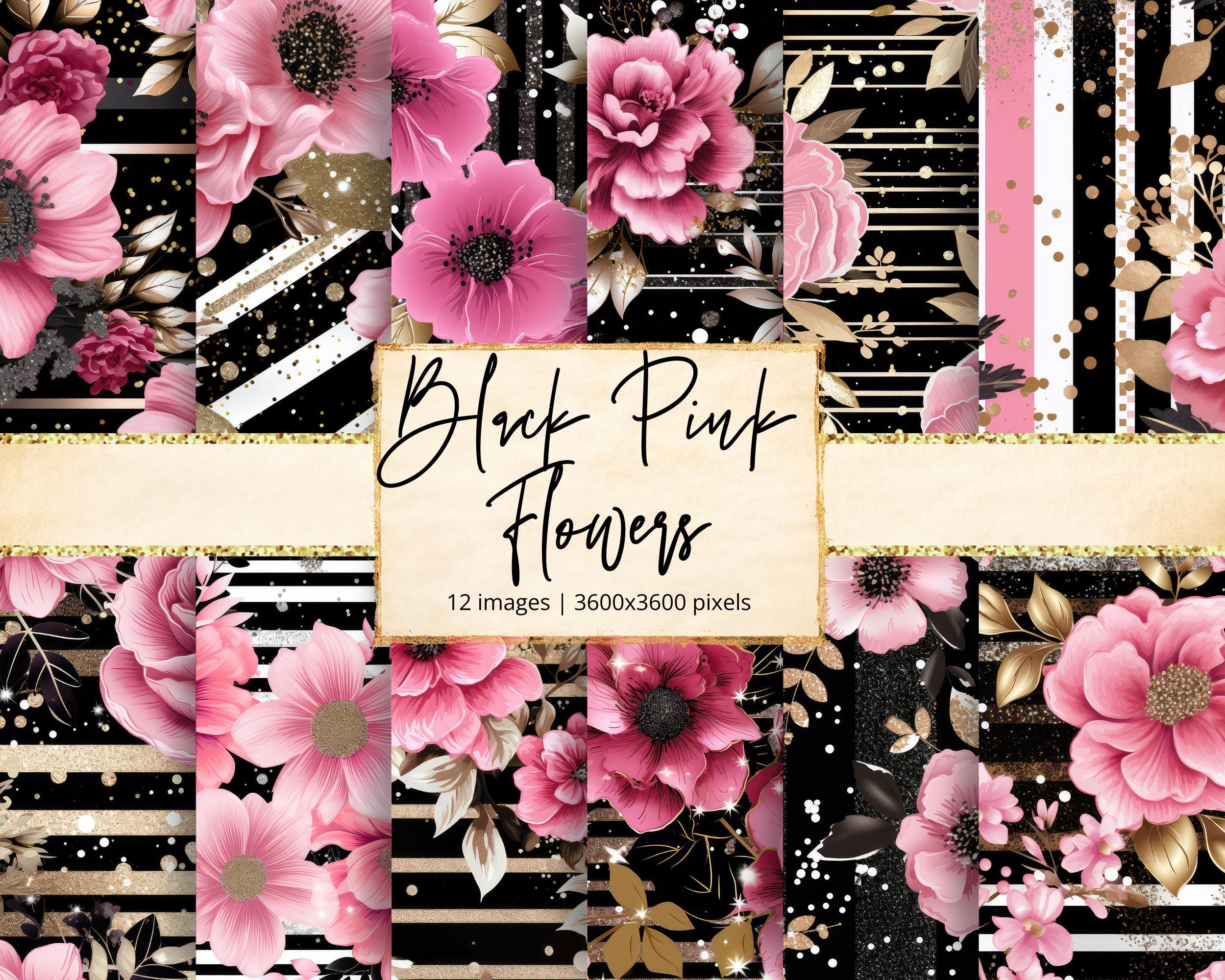 Pink and Black Flower Digital Paper, Shabby Chic, Vintage Flower, Gold ...