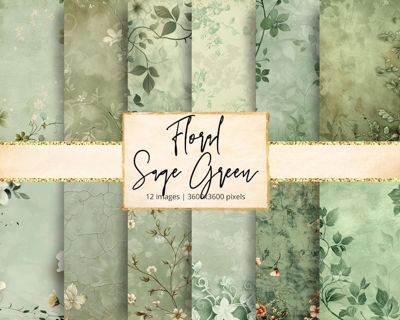 Sage Green Floral Digital Paper, Pastel Green Watercolor Flowers, Green ...
