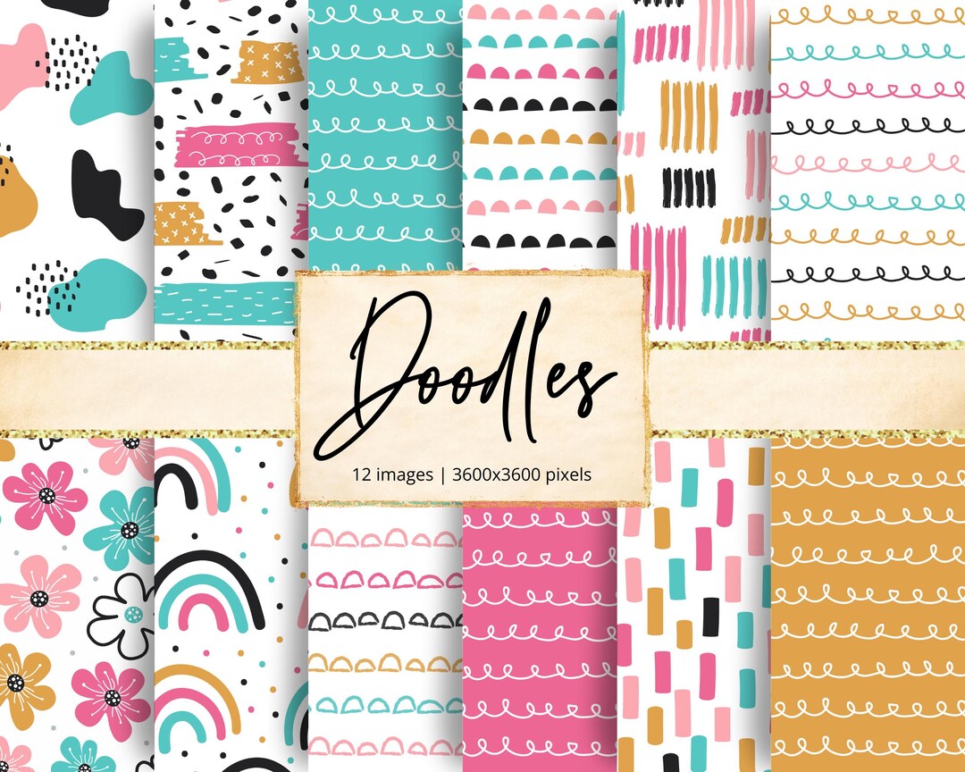 Doodles Digital Paper, Hand Drawn, Scribble, Cartoon, Blue, Pink ...