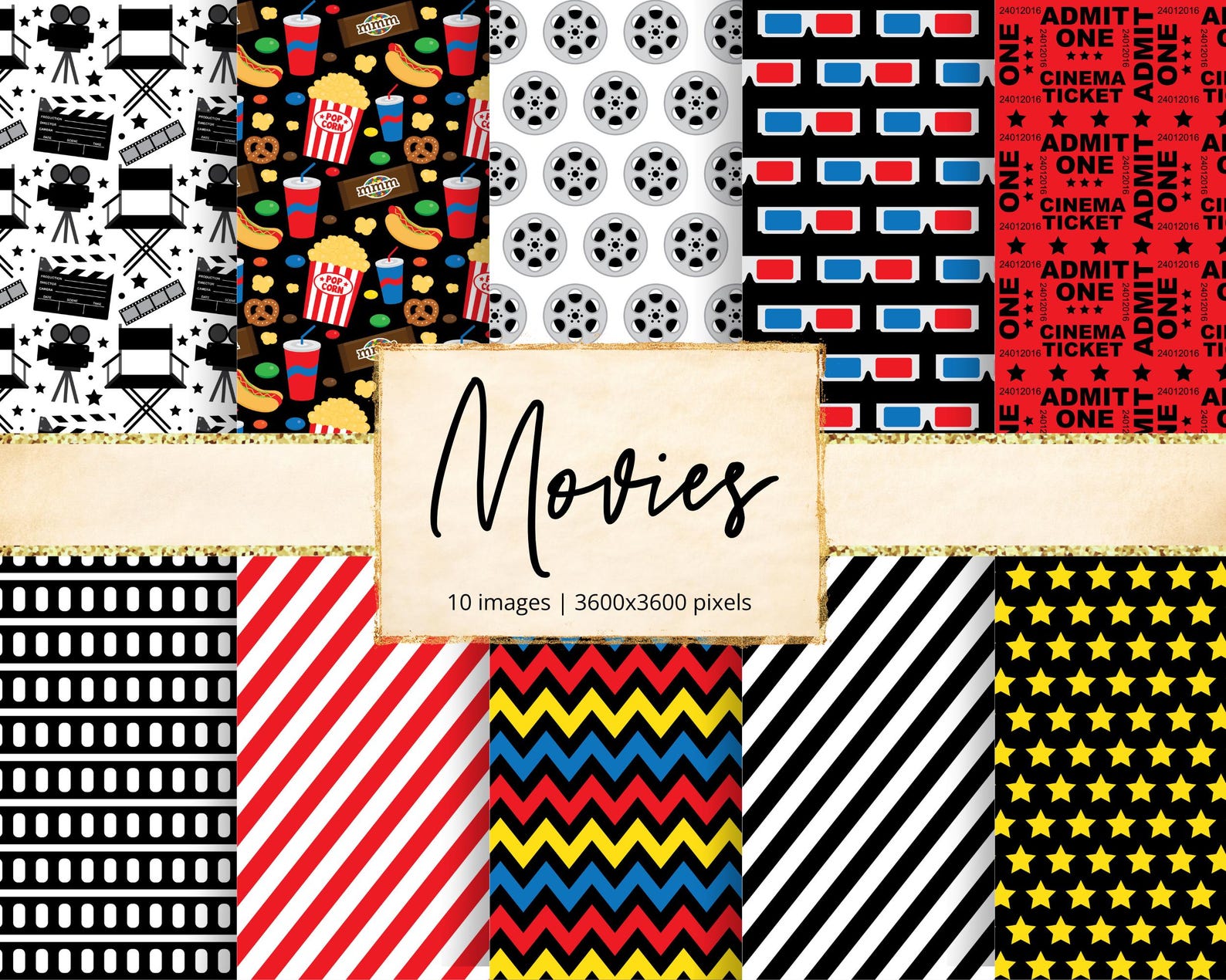Movies Digital Paper, Cinema, Theater, Movie Night, Popcorn, Tickets ...