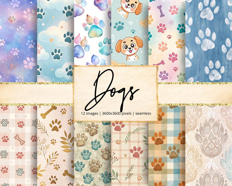 Dogs Digital Paper, Dog, Puppy, Woof, Pets, Animals, Bone, Paw, Cute ...