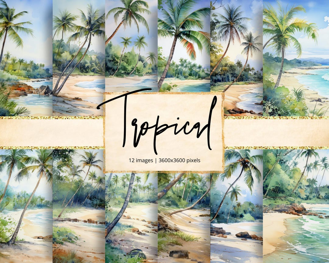 Tropical Digital Paper, Beach, Summer, Palm, Exotic, Vacation, Bright ...