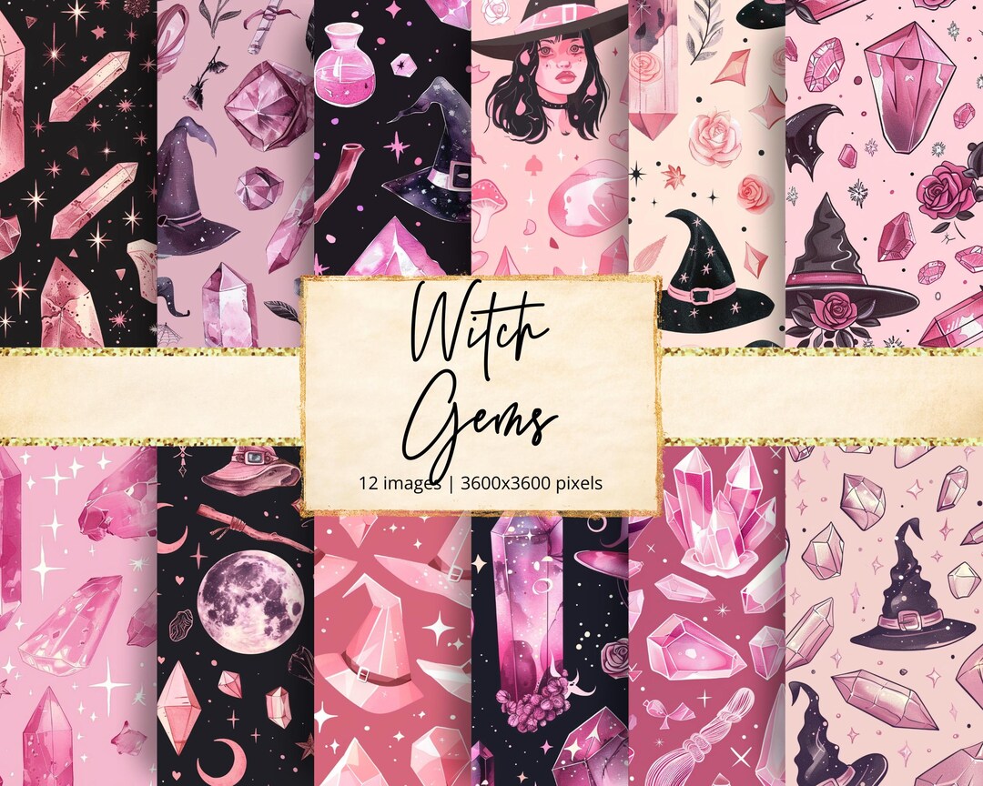 Witch Gems Digital Paper, Pink Witches, Mystic Moon, Celestial, Fantasy ...