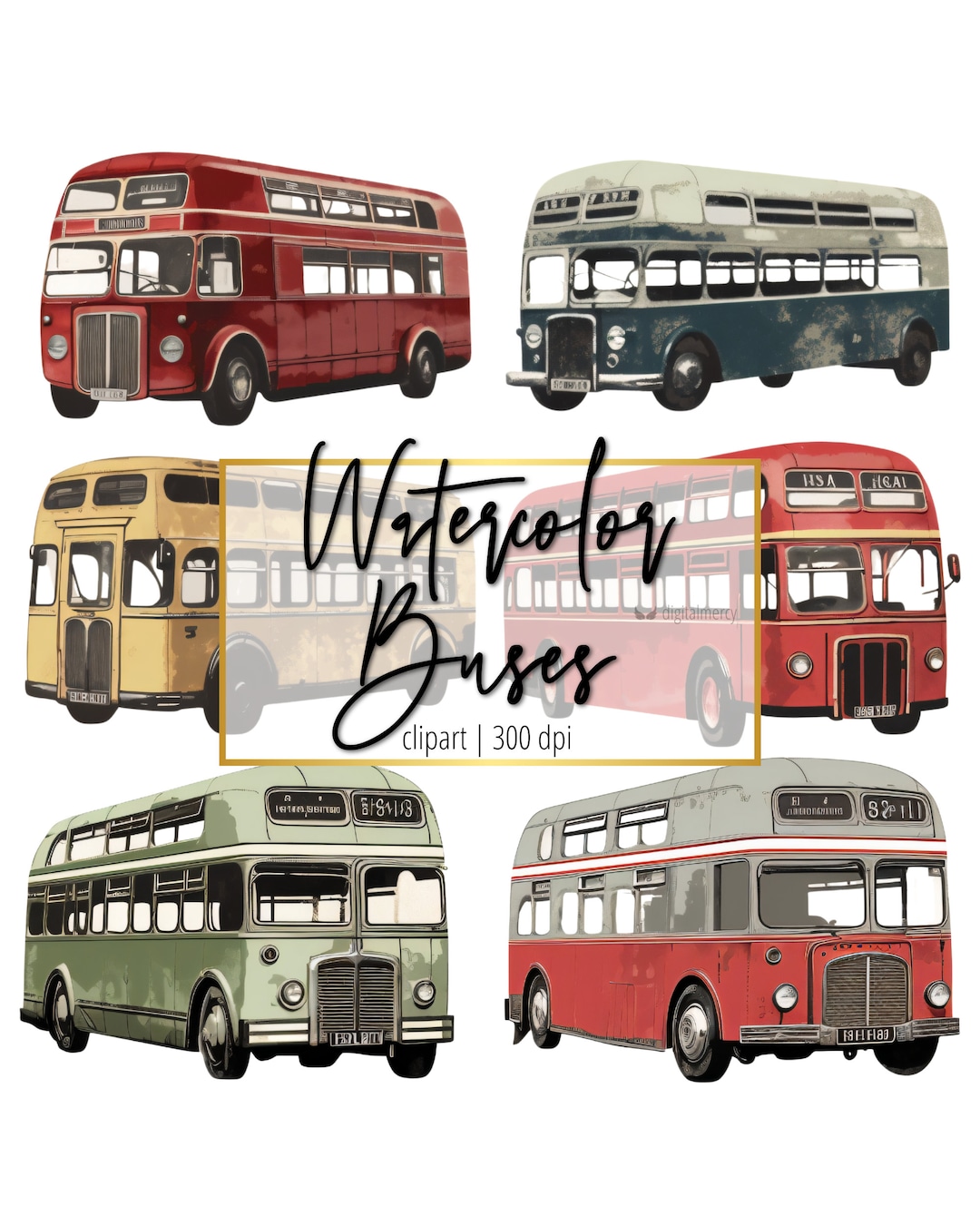 Watercolor Vintage Bus Clipart, Buses, Transporation, Vehicle, PNG ...