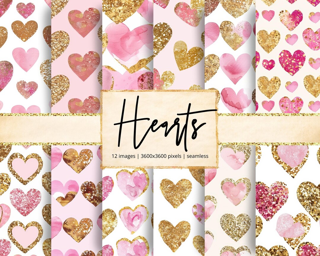 Pink Gold Hearts Digital Paper, Love, Valentine, Romantic, Sweetheart ...