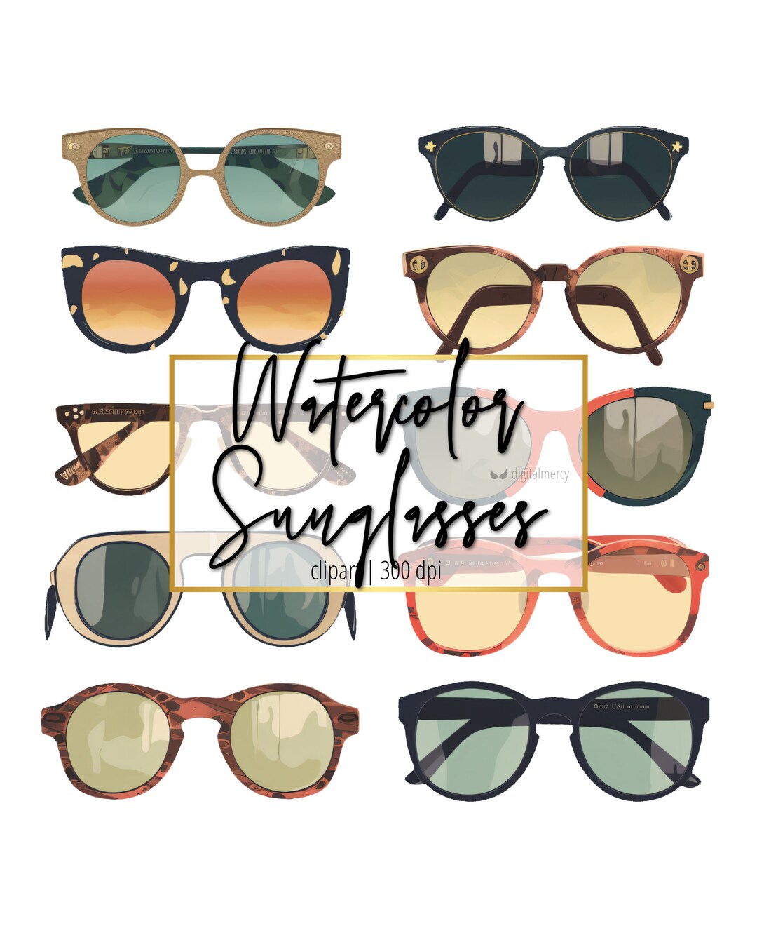 Watercolor Sunglasses Clipart, Retro, Vintage, Hipster, Glasses, PNG ...