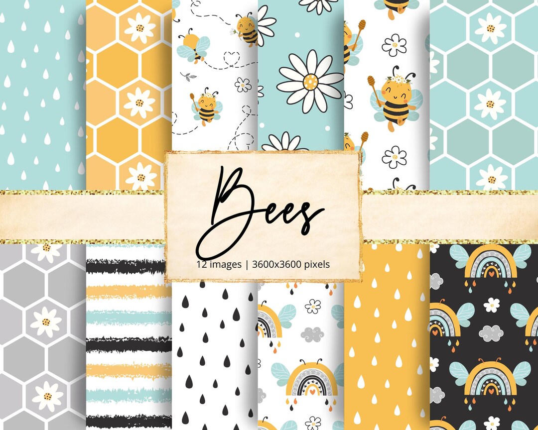 Bees Digital Paper, Honey Bee, Yellow, Blue, Floral, Flowers, Pollen ...
