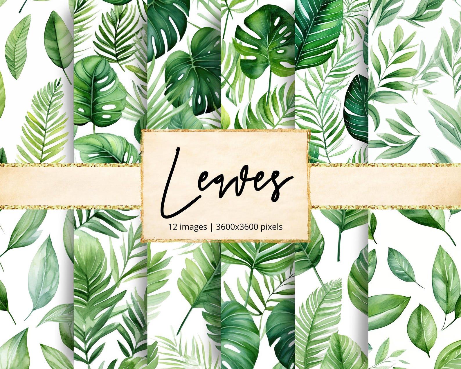 Tropical Leaves Digital Paper, Green, Monstera, Palm, Banana, Fern ...