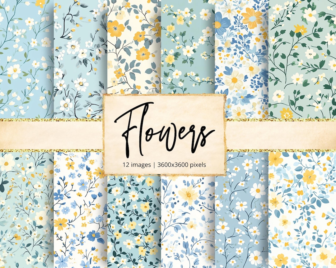 Blue Yellow Flowers Digital Paper, Spring Meadow, Floral, Botanical ...