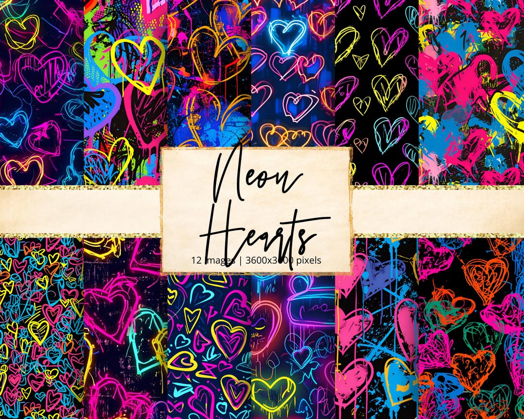 Neon Graffiti Heart Digital Paper, Glow, Light, Retro, 80s, Translucent ...
