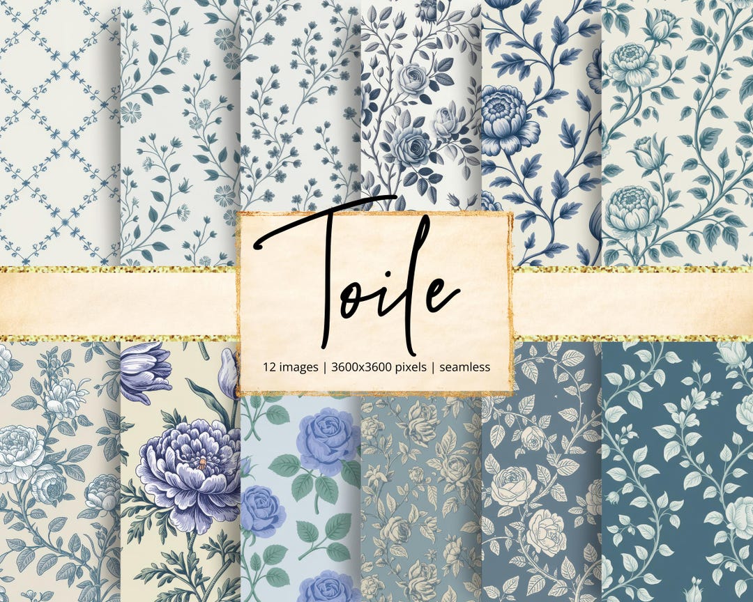 Blue Toile Digital Paper, Pattern, Vintage, Floral, Classic, French ...