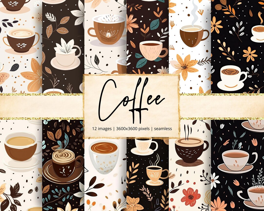 Coffee Floral Digital Paper, Latte, Espresso, Mocha, Cappuccino, Brew ...