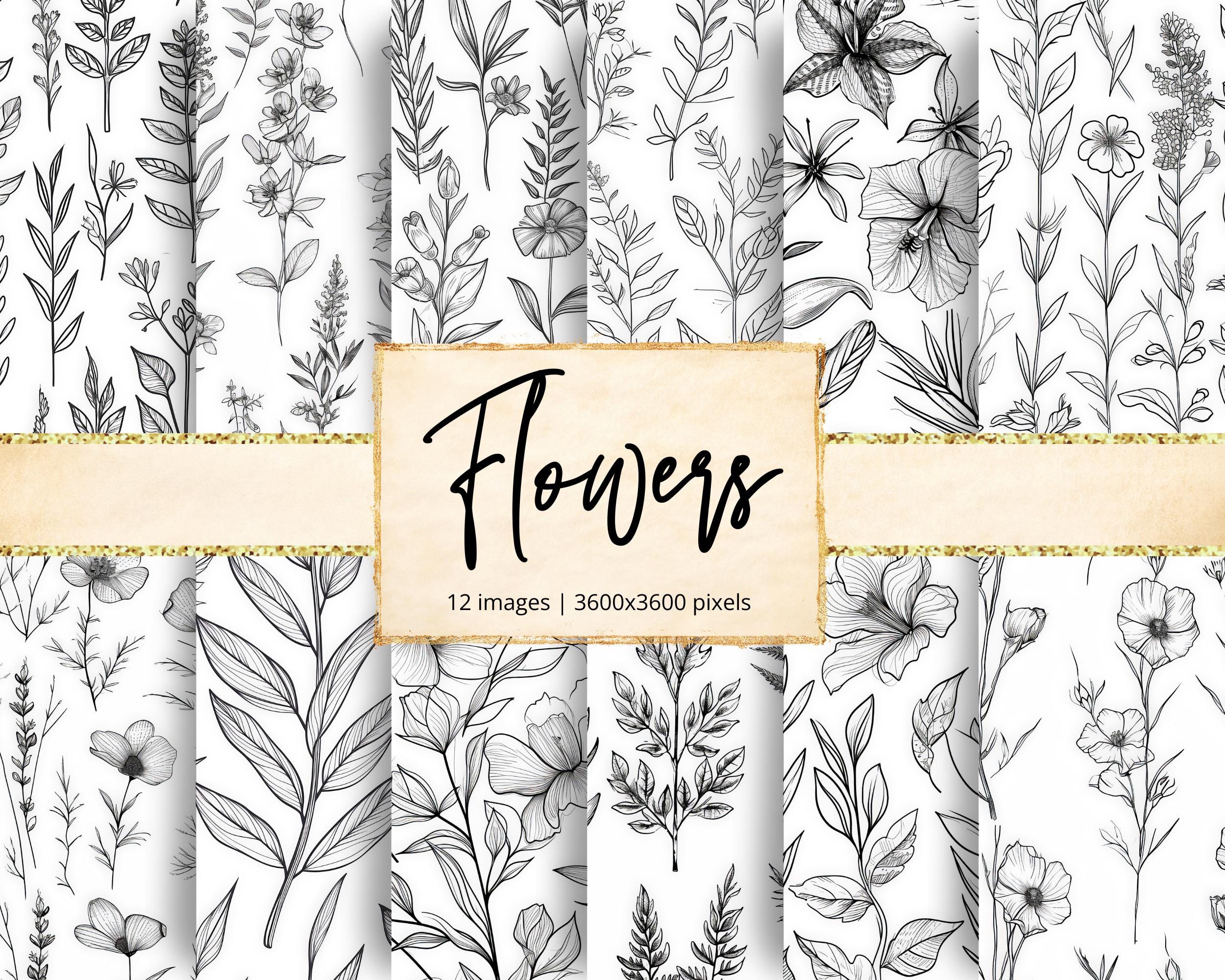 Lineart Flowers Digital Paper, Black & White Floral, Spring Meadow ...
