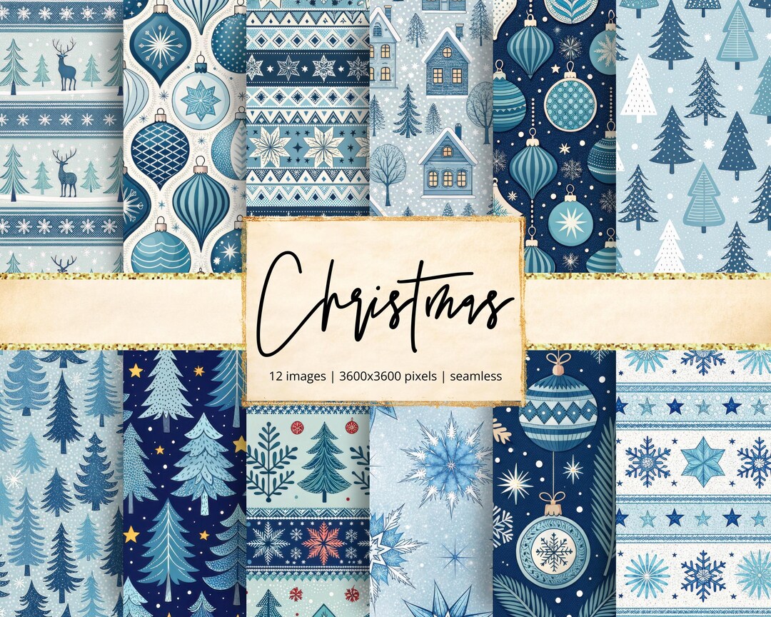Blue Christmas Digital Paper, Ornament, Pattern, Holiday, Festive ...