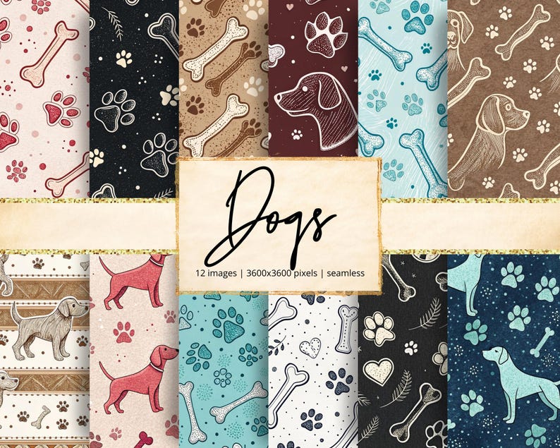 Dogs Digital Paper, Dog, Puppy, Woof, Pets, Animals, Bone, Paw, Cute ...