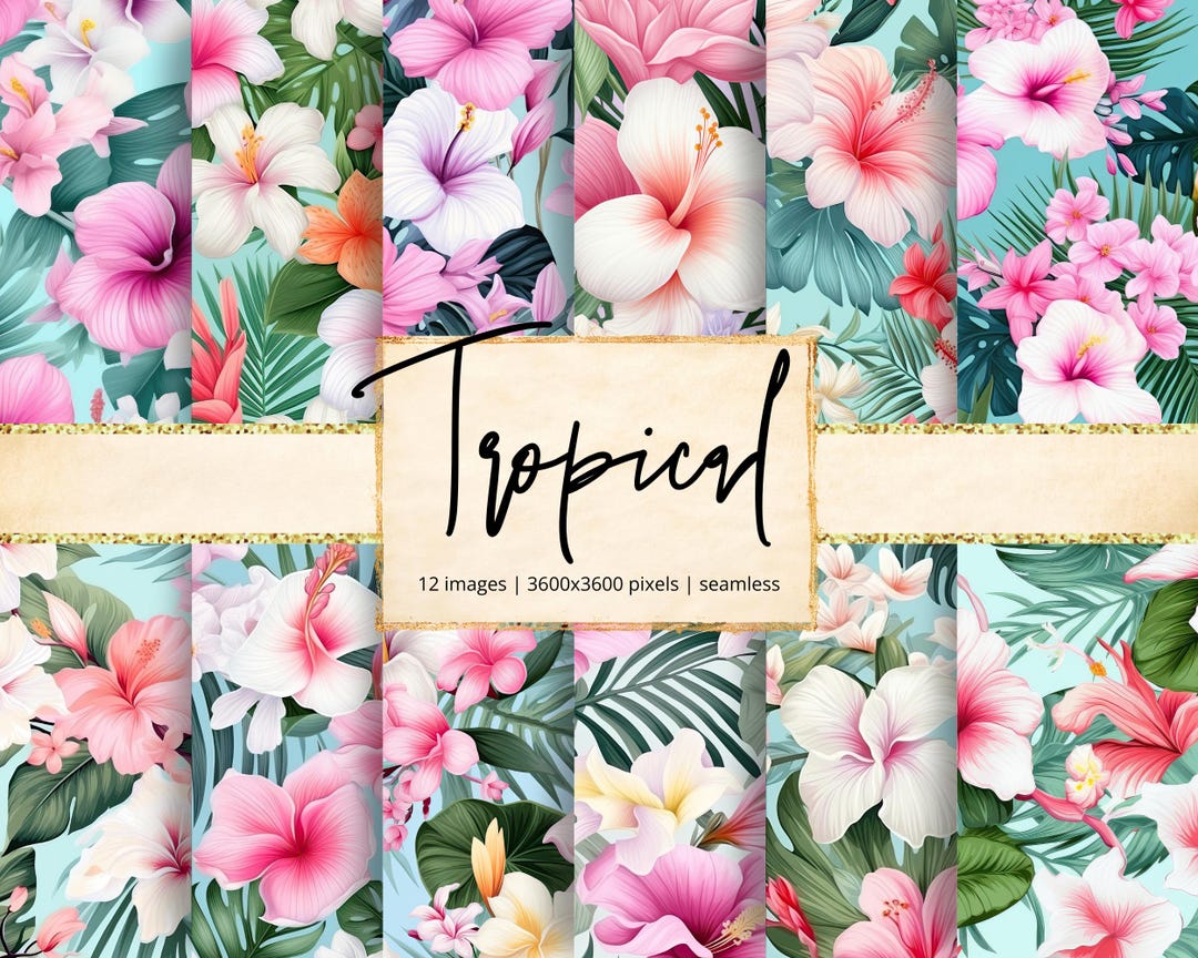Tropical Digital Paper, Beach, Summer, Palm, Exotic, Vacation, Bright ...