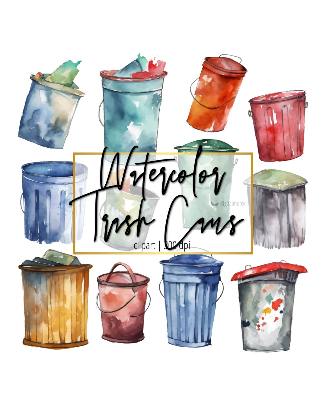 Watercolor Trash Cans Clipart, Garbage, Dustbin, Recycle, PNG, Clip Art ...