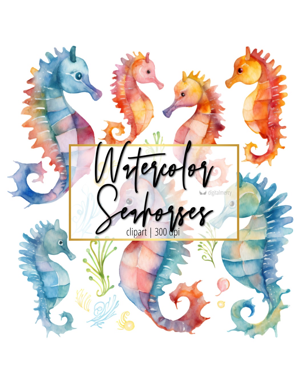 Watercolor Seahorses Clipart, Ocean, Coral, Sea Animals, PNG, Clip Art ...