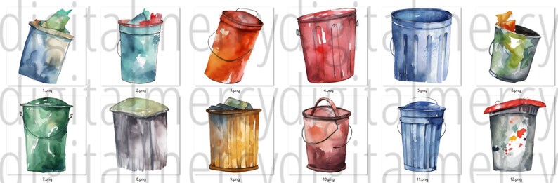 Watercolor Trash Cans Clipart Garbage Dustbin Recycle PNG - Etsy