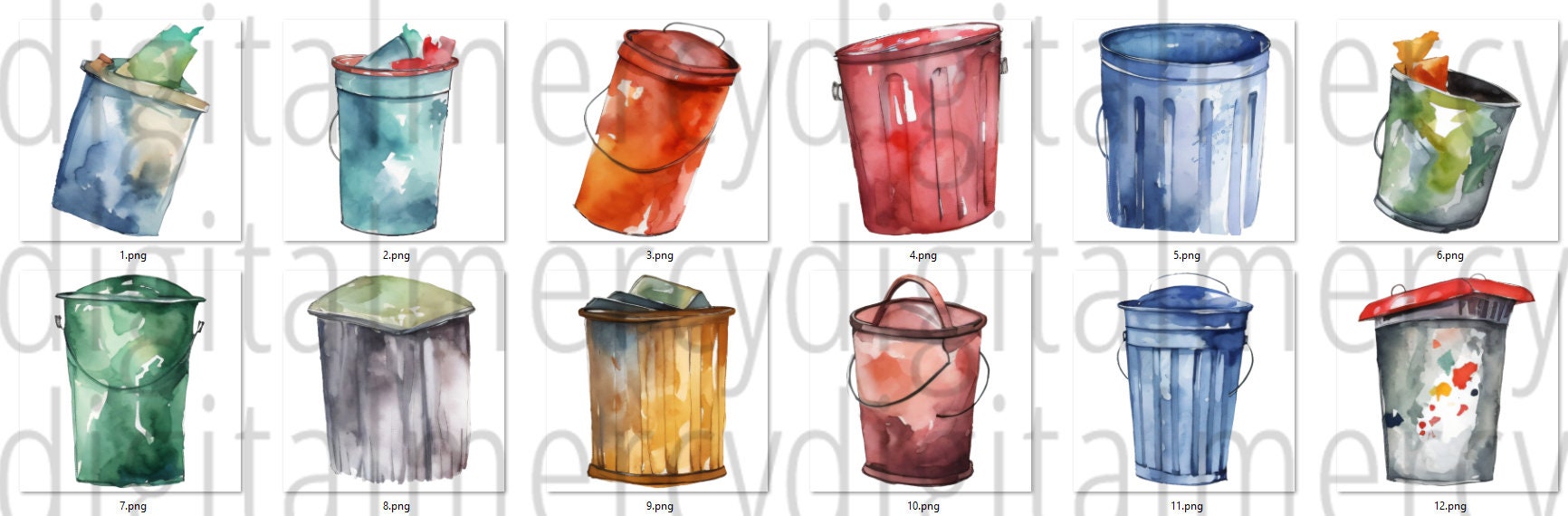 Watercolor Trash Cans Clipart, Garbage, Dustbin, Recycle, PNG, Clip Art ...