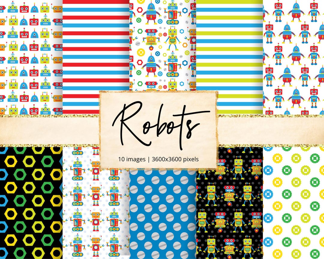 Robots Digital Paper, Technology, Science, Boys Nursery, Children Kid ...