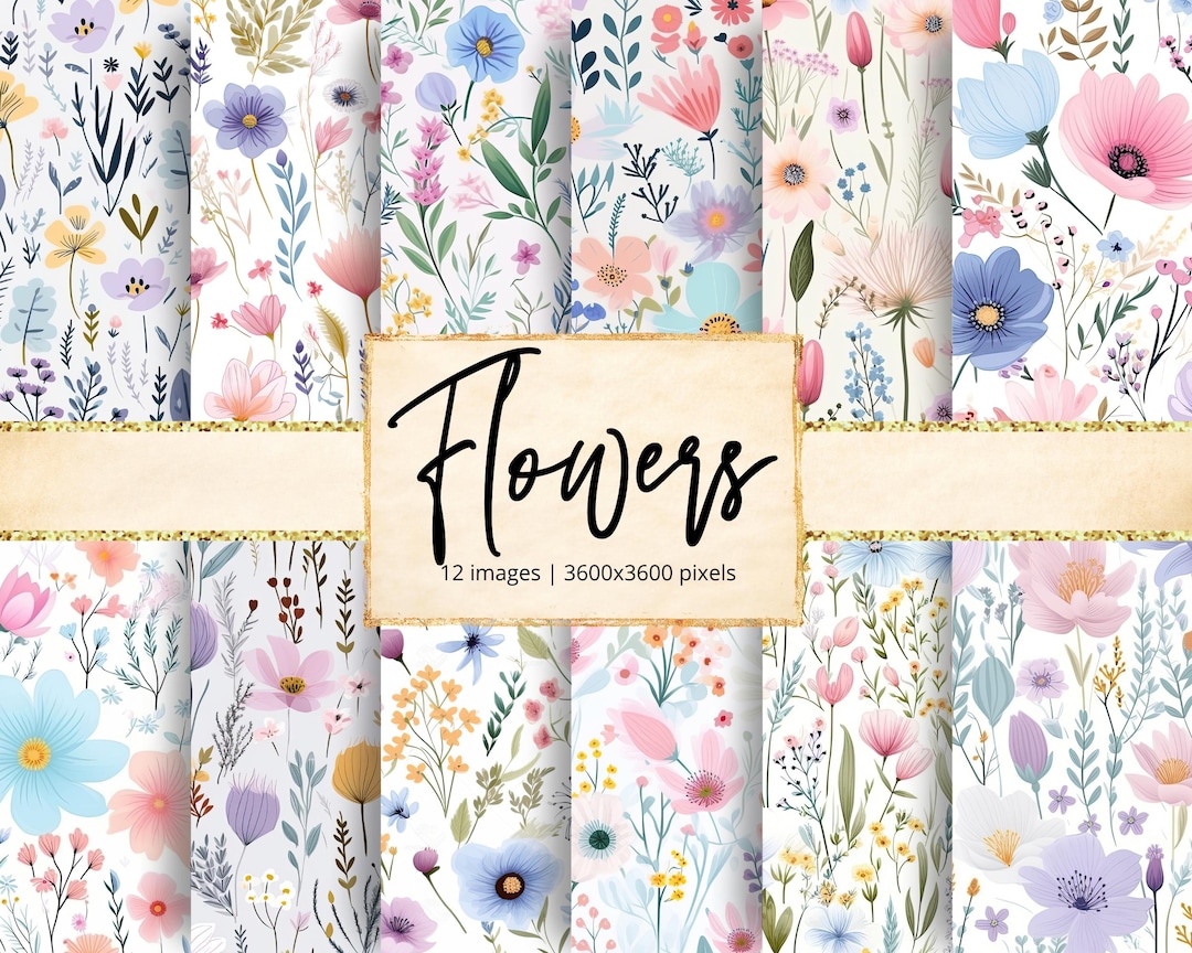 Pastel Flowers Digital Paper, Spring Meadow, Floral, Botanical ...