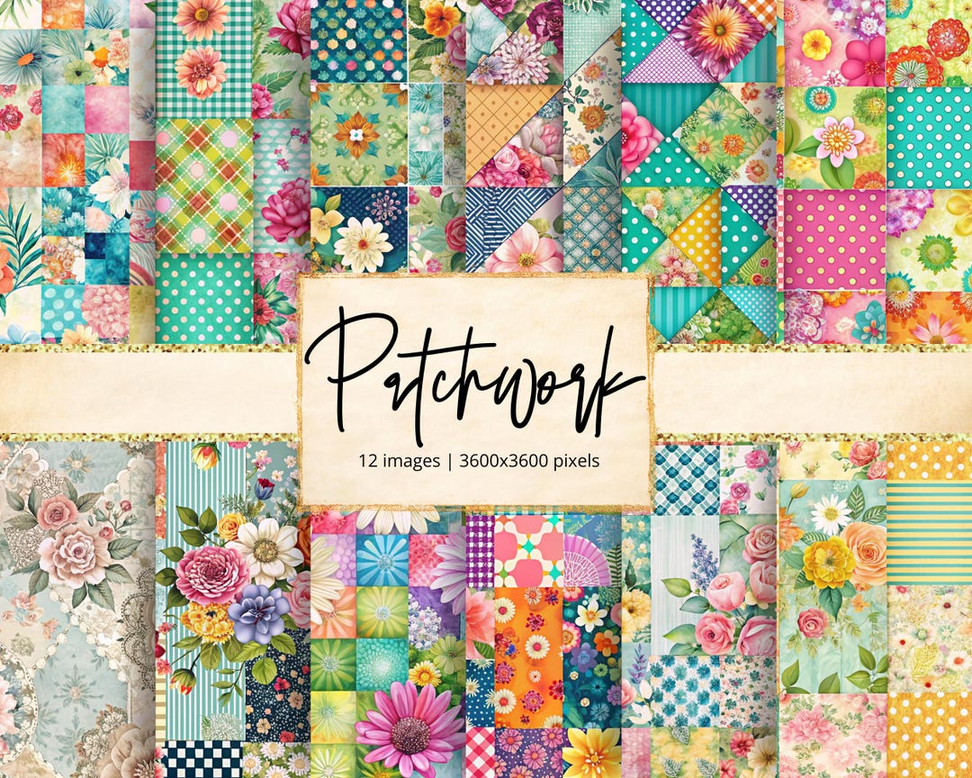 Patchwork Digital Paper, Flowers, Quilt, Sewing, Embroidery, Vintage ...