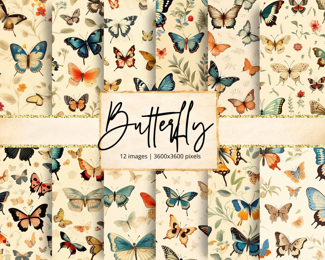 Vintage Butterfly Digital Paper, Antique Butterflies, Rustic Wings ...