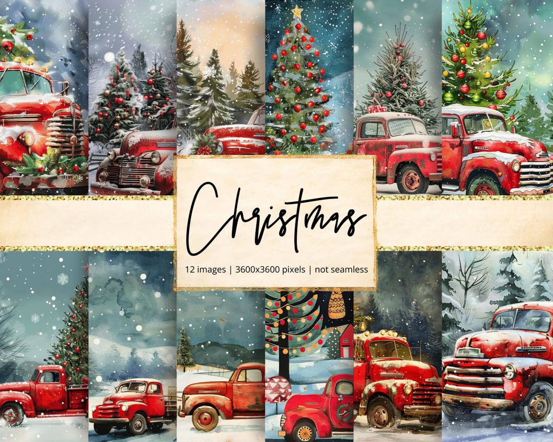 Christmas Red Trucks Digital Paper, Holiday, Festive, Jolly, Santa ...