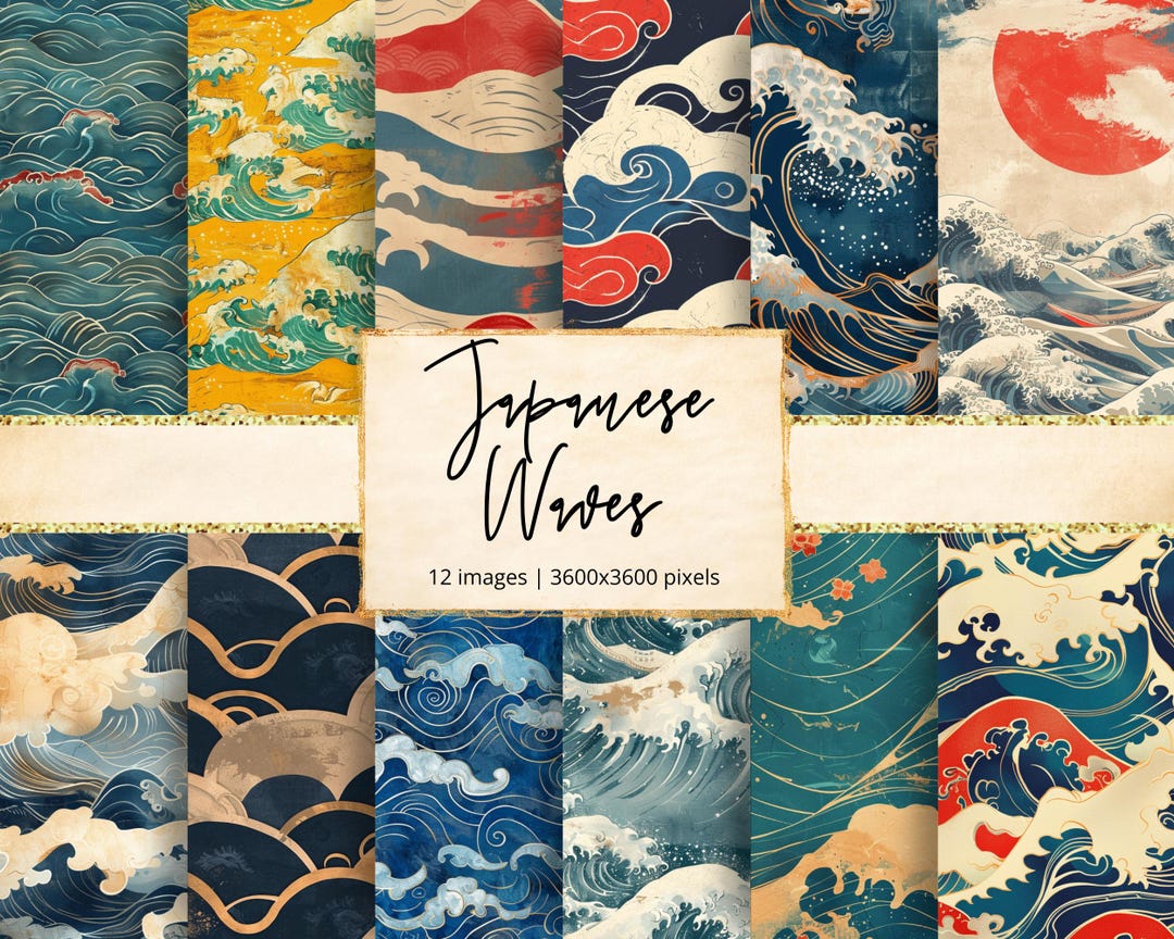 Japanese Waves Digital Paper, Japanese Great Waves, Retro Vintage Waves ...