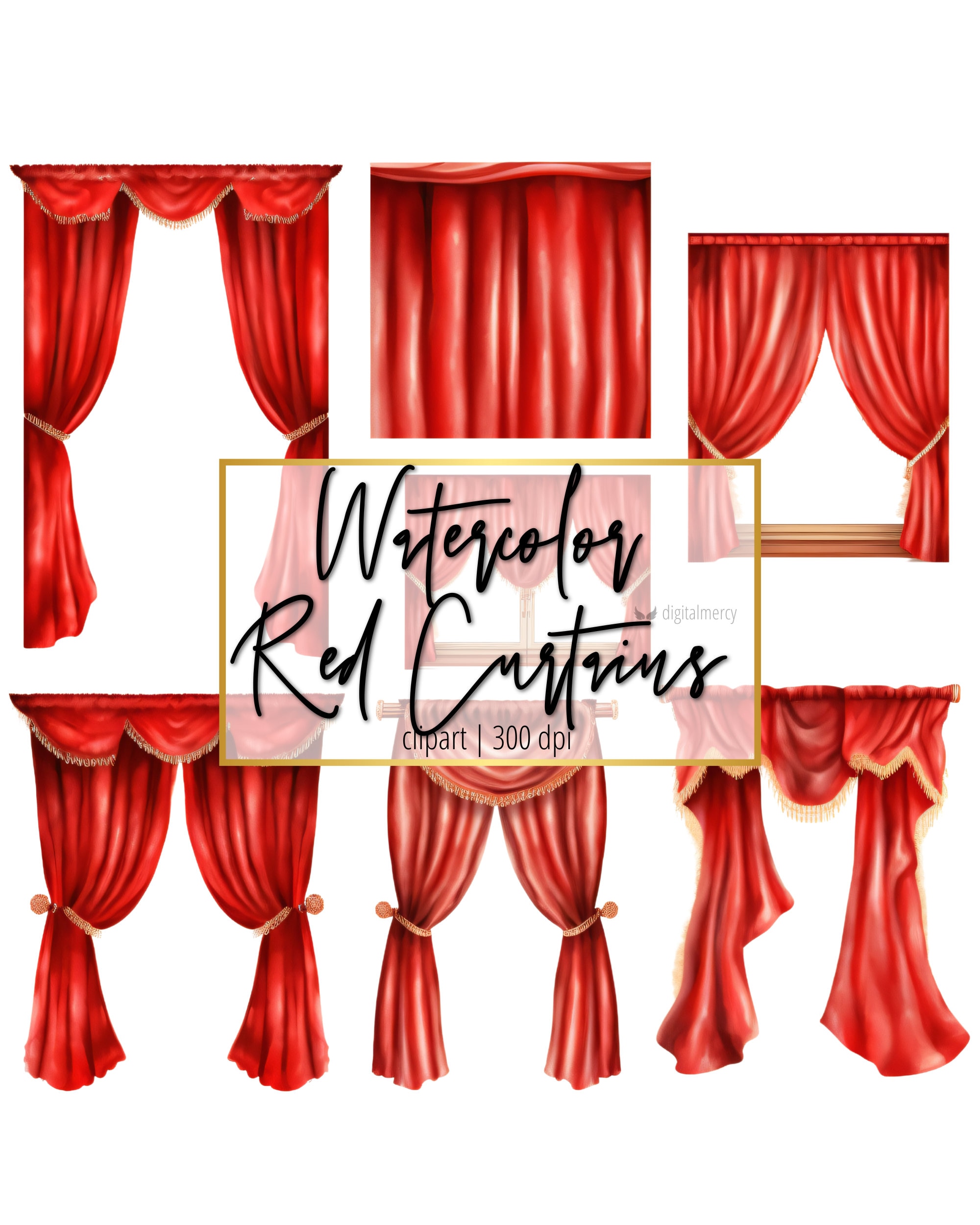 Watercolor Red Curtains Clipart, Theater, Stage, Drapes, PNG, Clip Art ...