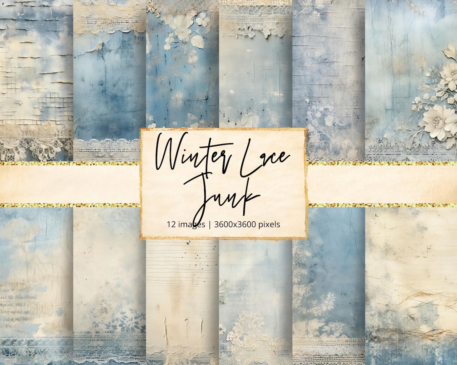 Winter Lace Junk Digital Paper, Denim Blue Lace, White Blue Beige ...