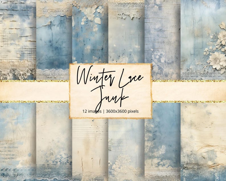 Winter Lace Junk Digital Paper, Denim Blue Lace, White Blue Beige ...
