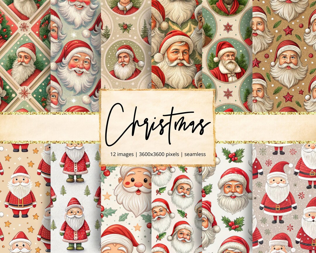 Christmas Digital Paper, Red, Green, Santa Claus, Holiday, Festive ...