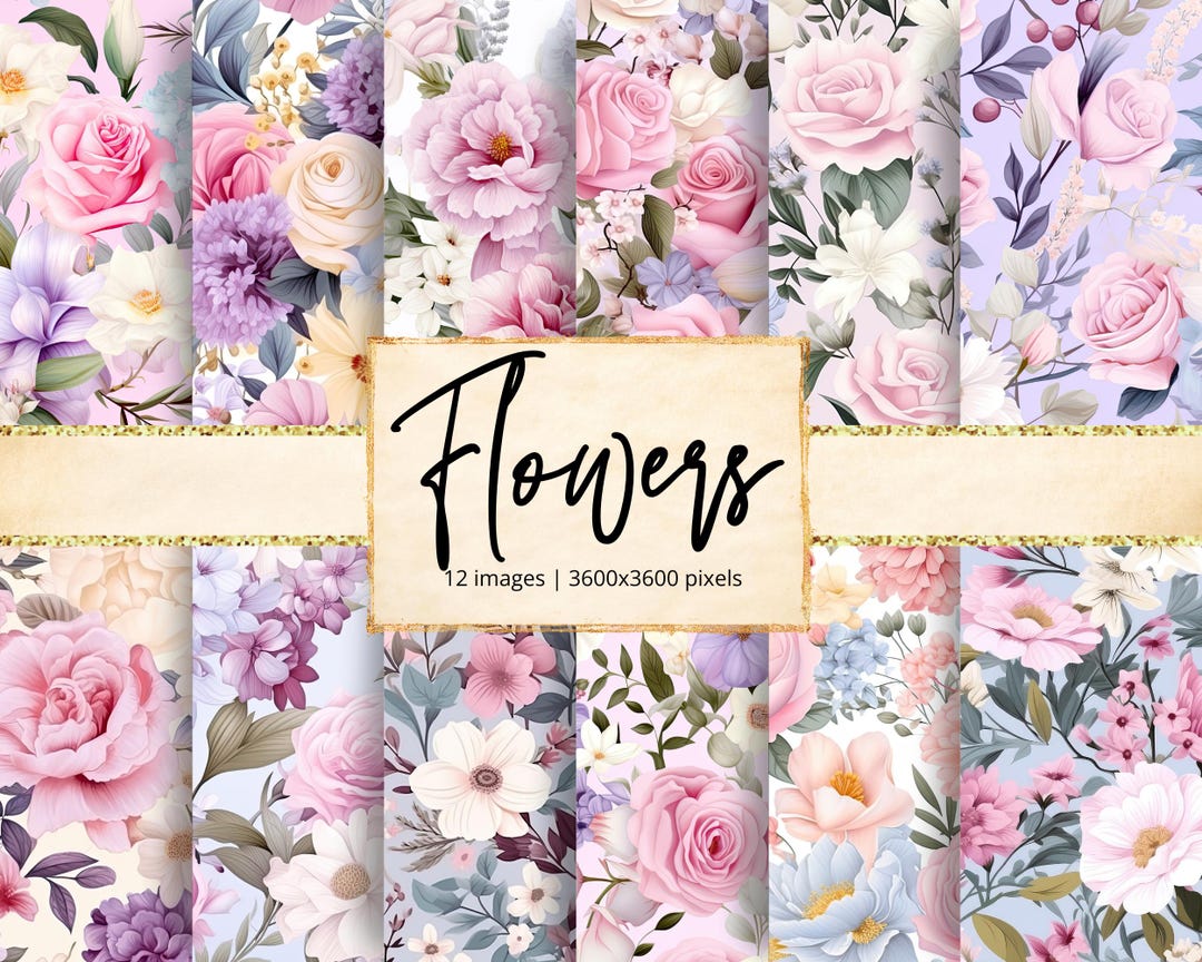 Pink Purple Flowers Digital Paper, Spring Meadow, Floral, Botanical ...