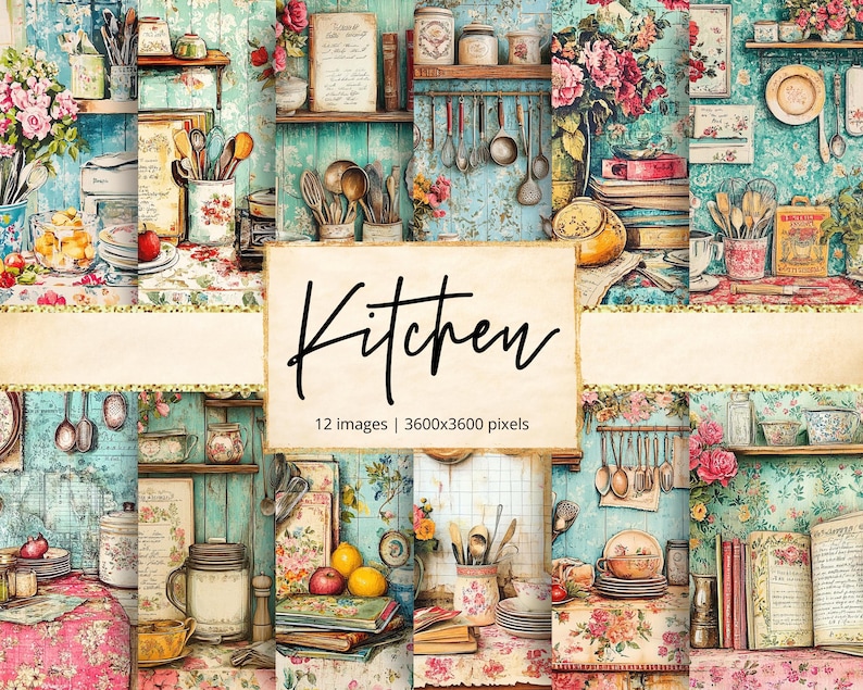 Kitchen Digital Paper, Cooking, Baking, Rustic, Farmhouse, Vintage ...