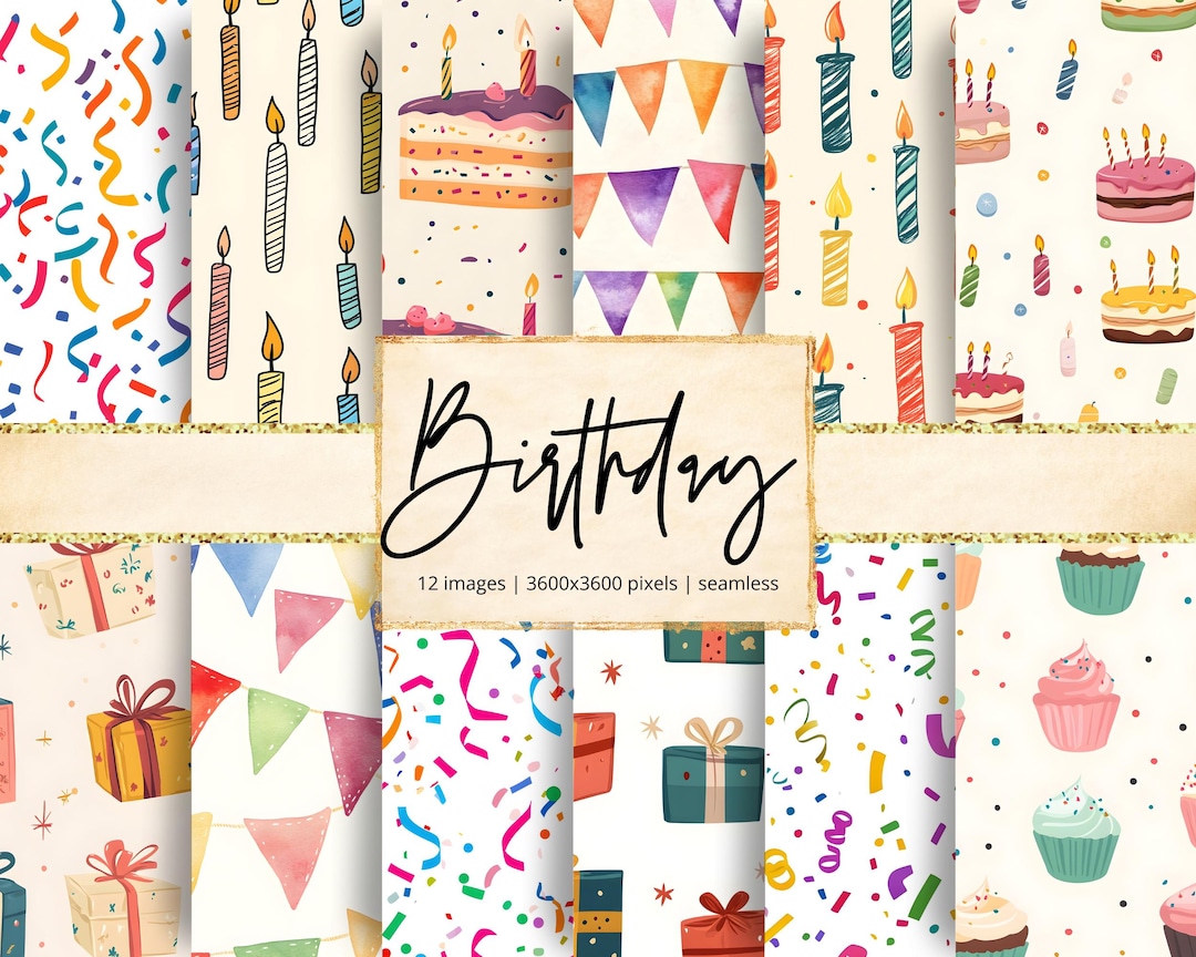 Birthday Digital Paper, Party, Celebration, Cake, Gift, Candles, Wishes ...